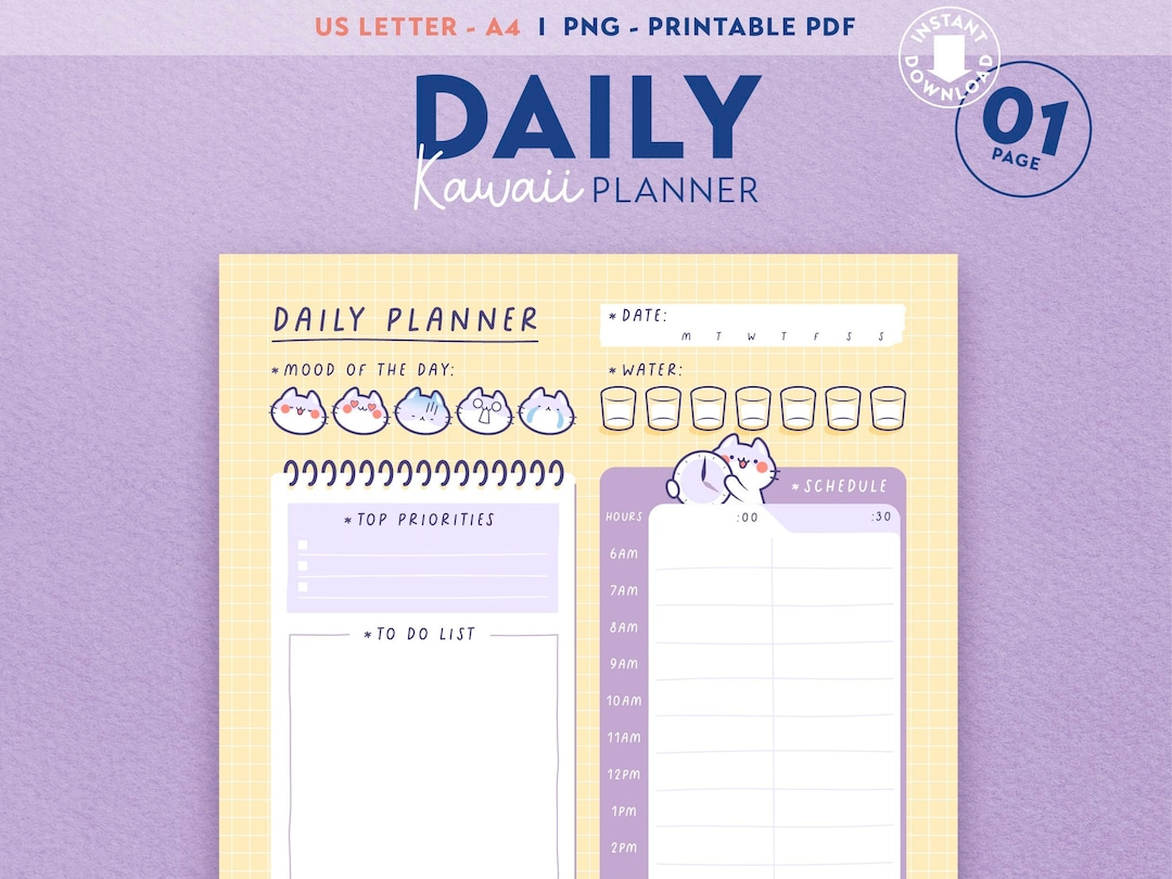Kawaii Daily Yellow Planner, Digital Timetable, Cute Cat Daily Schedule ...