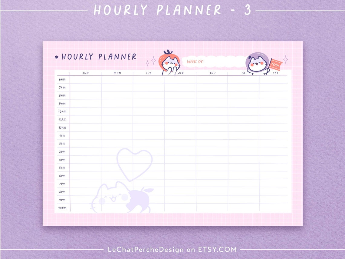 Kawaii Hourly Planner Bundle, Digital Timetable, Cute Cat Daily ...