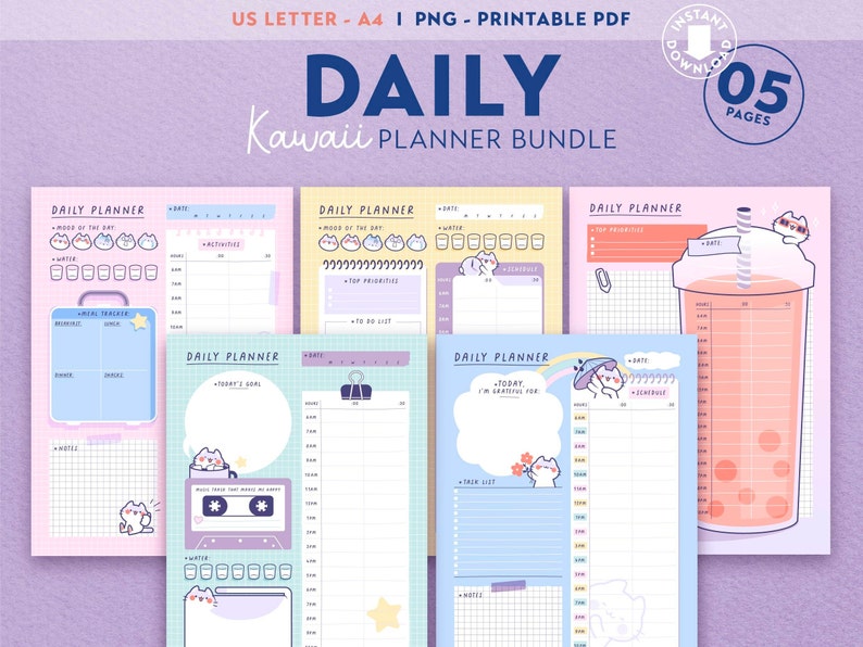 Kawaii Daily Planner Bundle, Digital Timetable, Cute Cat Daily Schedule