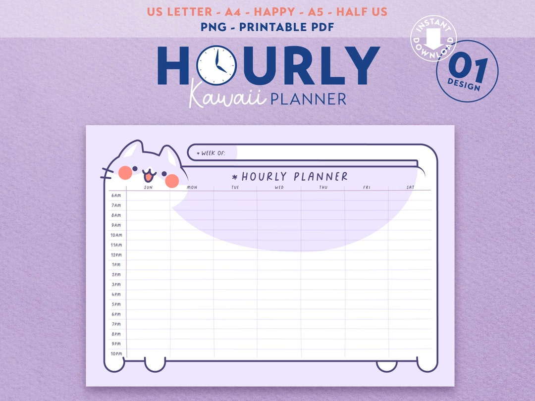 Kawaii Hourly Purple Planner, Digital Timetable, Cute Cat Daily ...