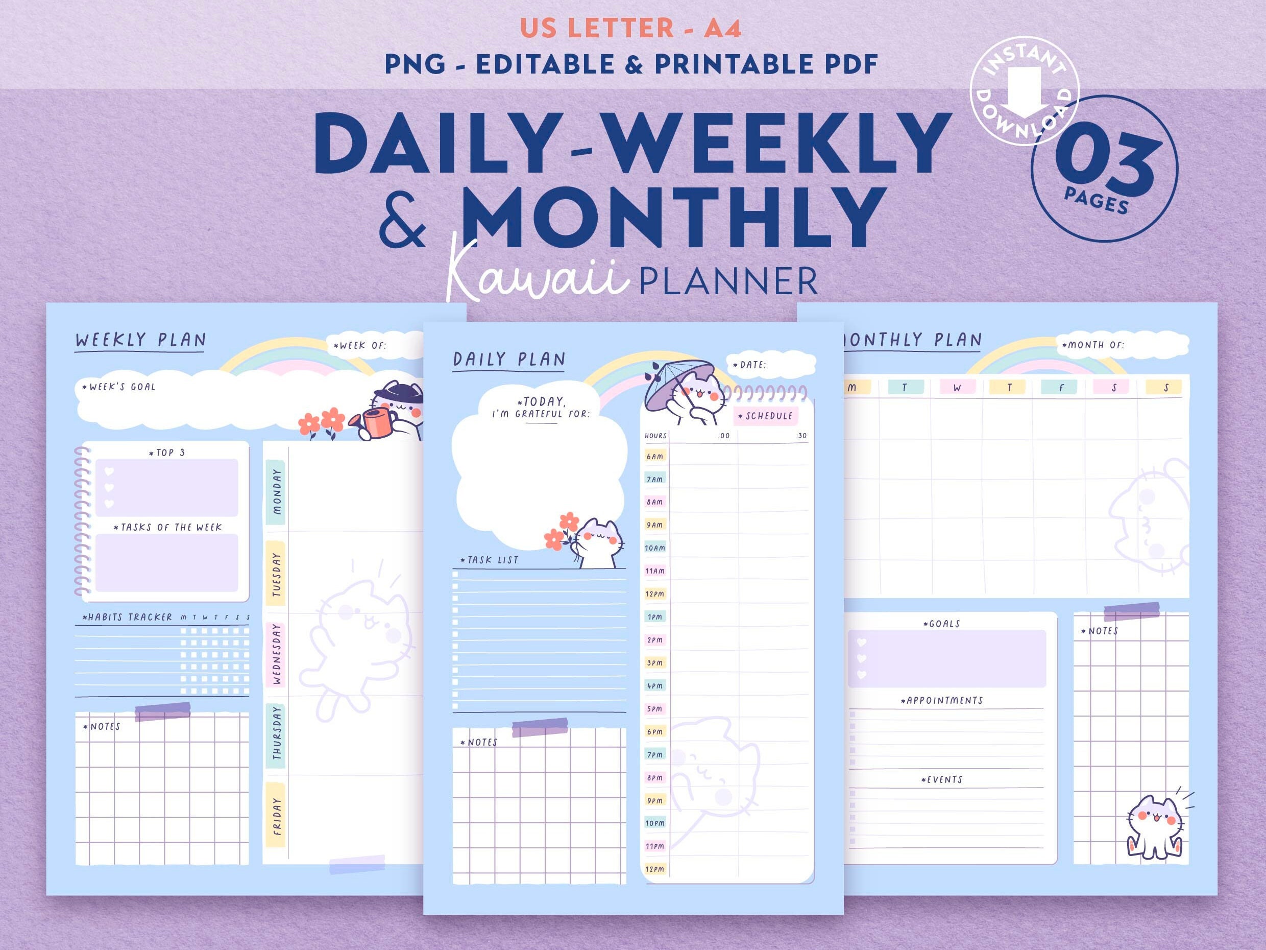 Kawaii Daily, Weekly and Monthly Blue Planner, Digital Timetable, Cute ...