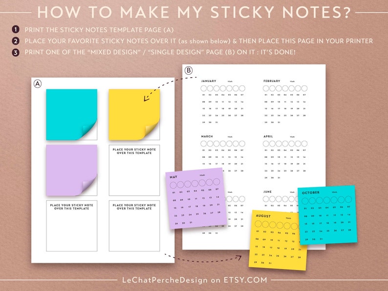 Sticky Notes Perpetual MONTHLY CALENDAR Printable, 3 X 3, Desk Calendar ...