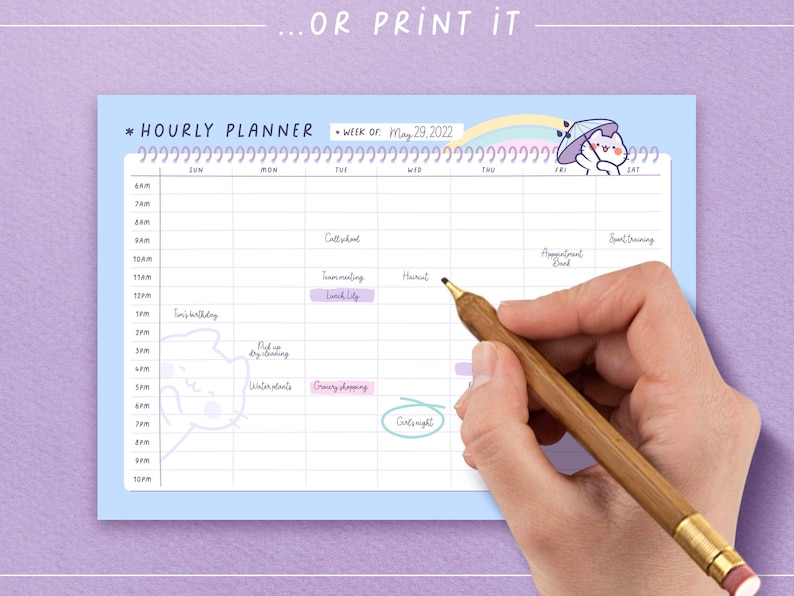 Kawaii Hourly Planner Bundle, Digital Timetable, Cute Cat Daily ...