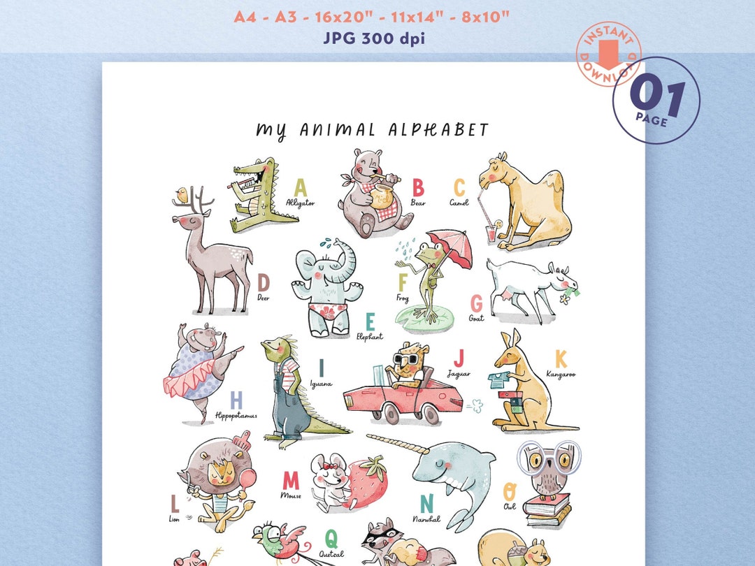 Watercolor Animal Alphabet Poster, Funny Hand-drawn Animals Alphabet ...