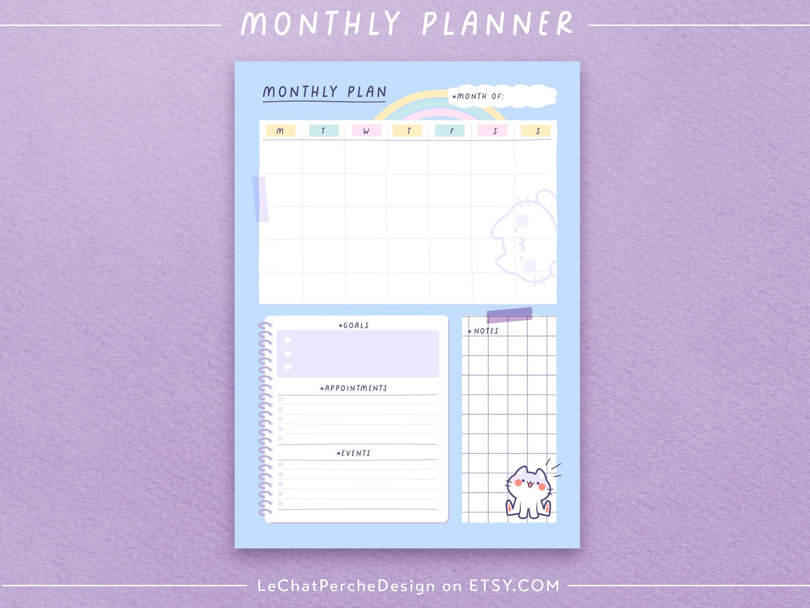 Kawaii Daily, Weekly and Monthly Blue Planner, Digital Timetable, Cute ...