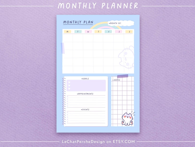 Kawaii Daily, Weekly and Monthly Blue Planner, Digital Timetable, Cute ...