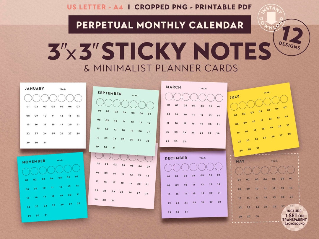 Sticky Notes Perpetual MONTHLY CALENDAR Printable, 3 X 3, Desk Calendar ...