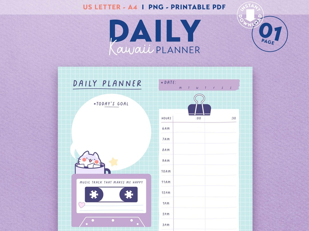 Kawaii Daily Green Planner, Digital Timetable, Cute Cat Daily Schedule ...