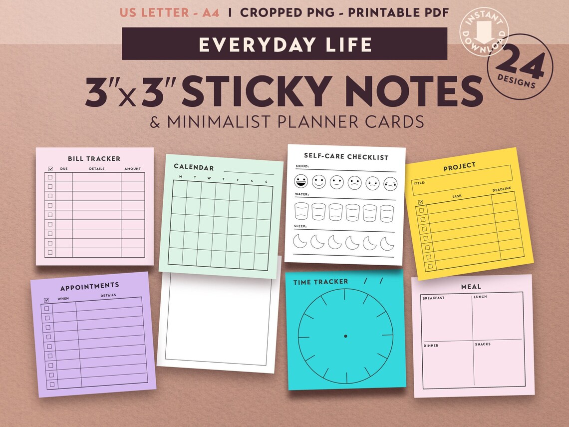 Minimalist 3x3 Sticky Notes, Planner Cards (PDF, PNG) - Etsy