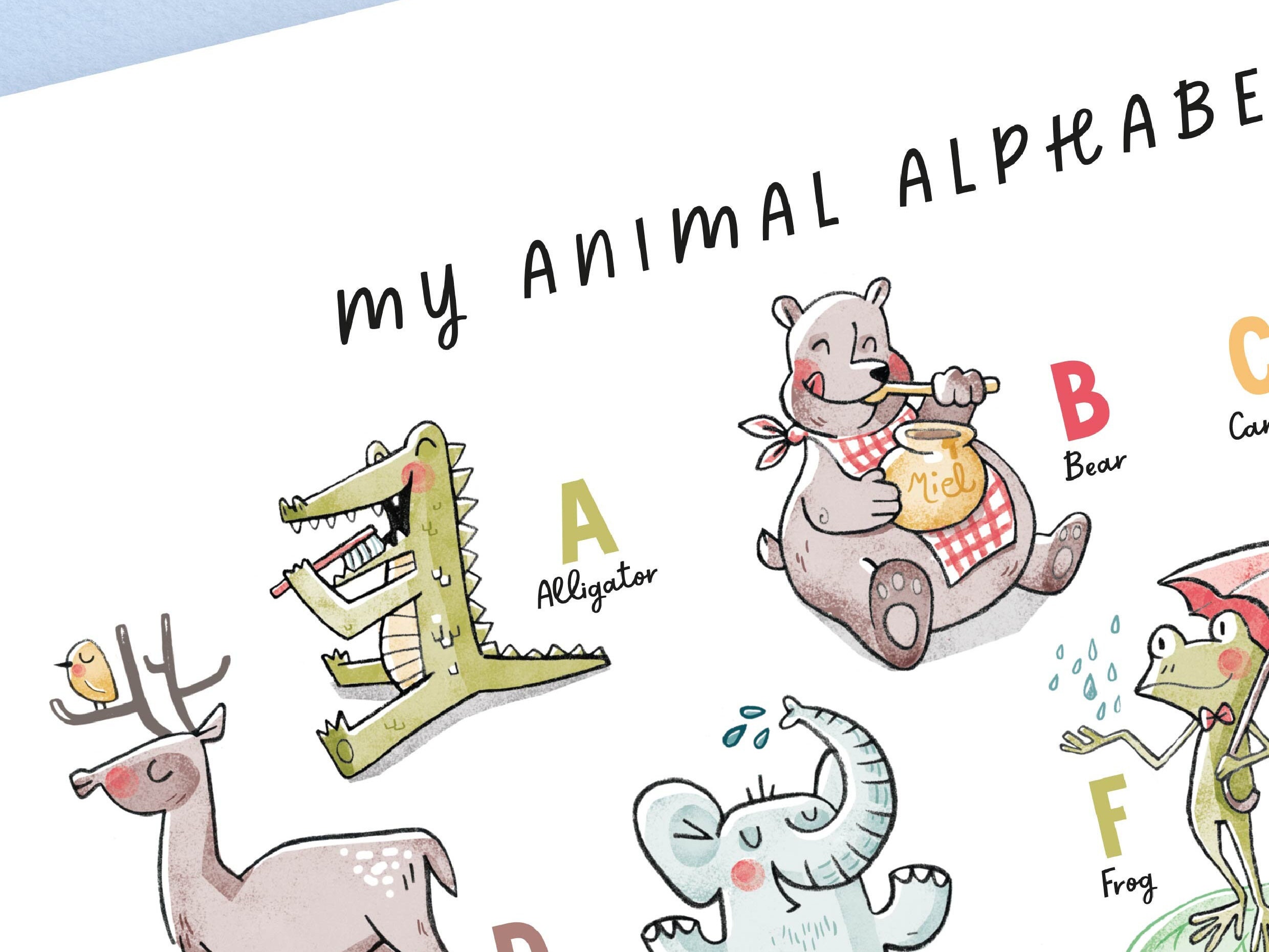 Watercolor Animal Alphabet Poster, Funny Hand-drawn Animals Alphabet ...