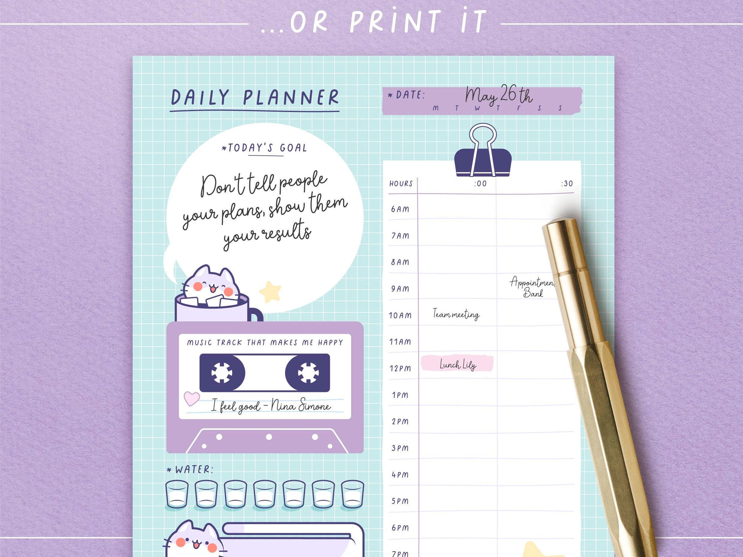 Kawaii Daily Green Planner, Digital Timetable, Cute Cat Daily Schedule ...