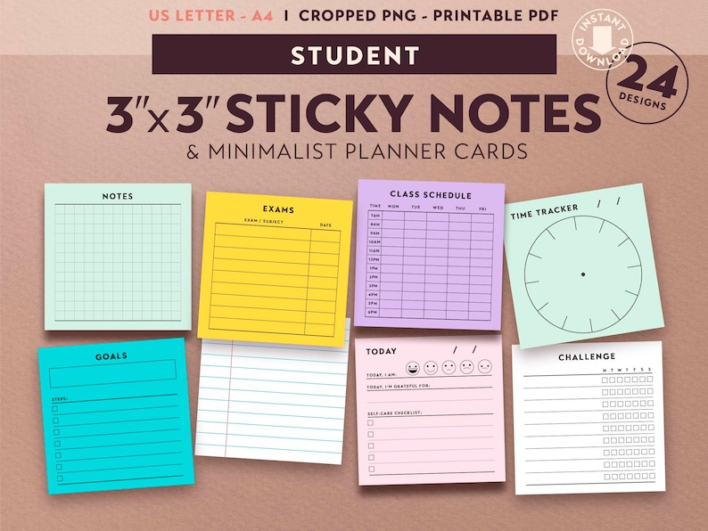 Sticky Notes STUDENT Printable, 3 X 3, Minimalist Planner Cards ...