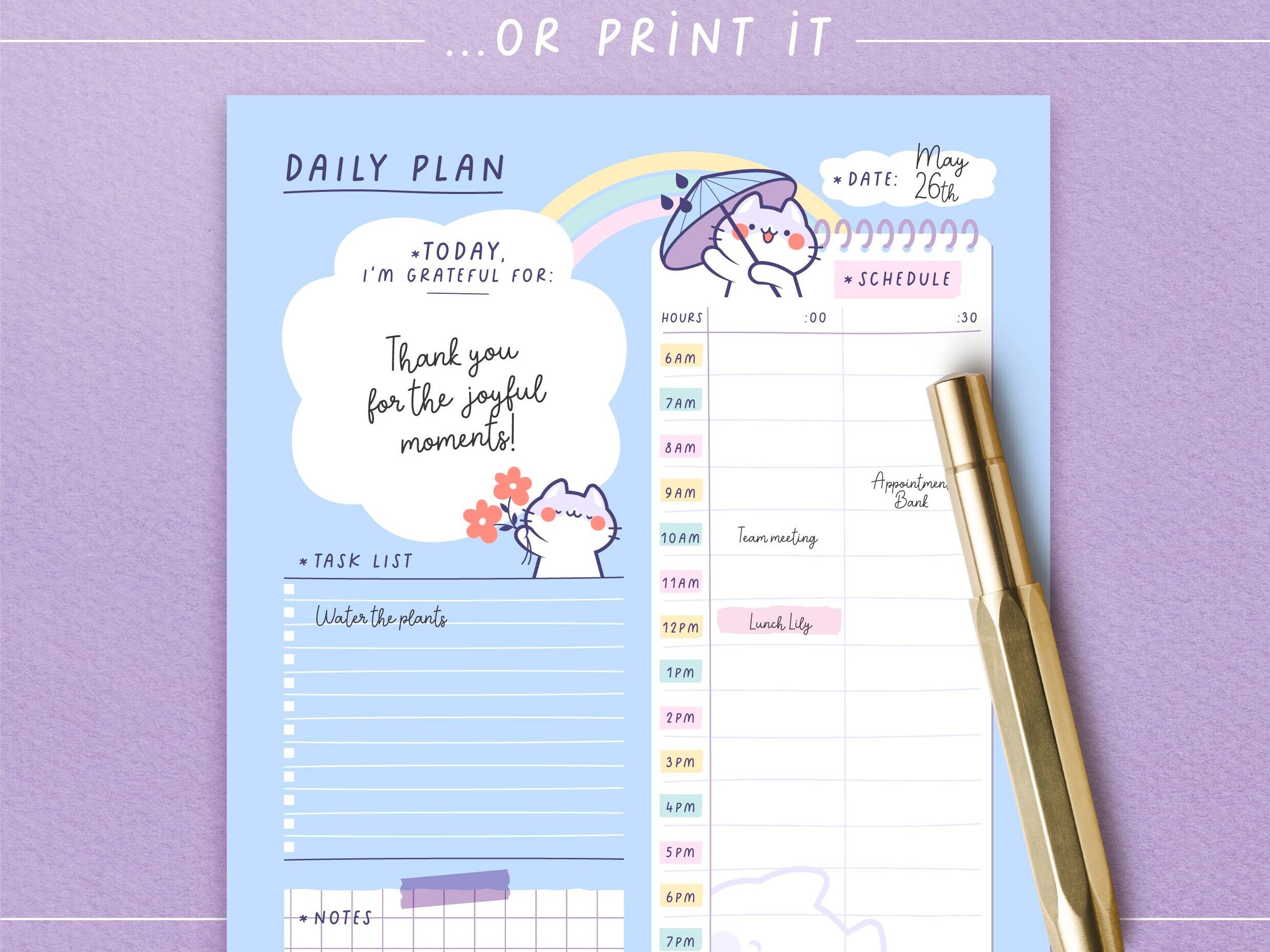 Kawaii Daily Planner Bundle, Digital Timetable, Cute Cat Daily Schedule ...