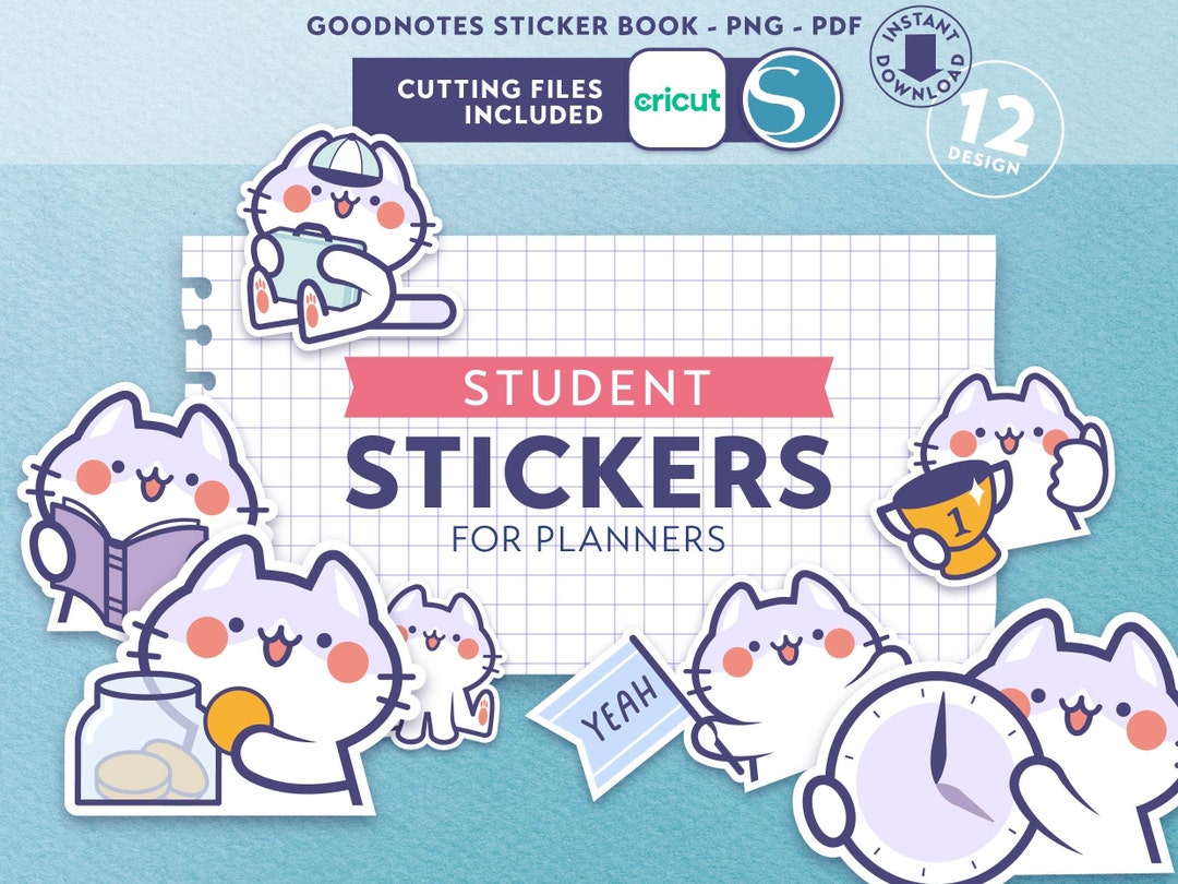 Study Stickers Bundle Printable | Print and Cut Cat Stickers | Kawaii ...