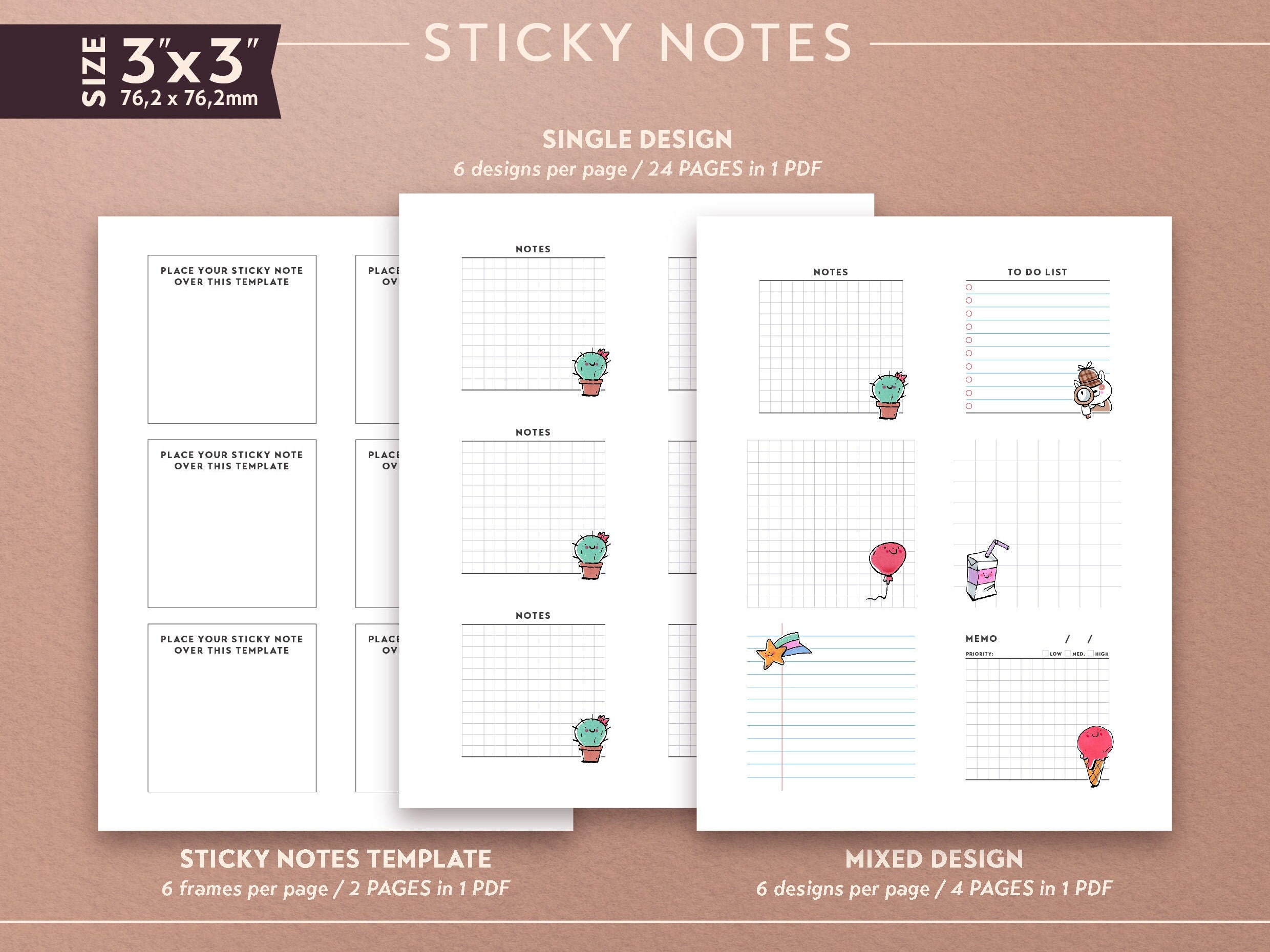 Sticky Notes Fun Drawing Printable, 3 X 3, Cute Notes, Planner Cards ...