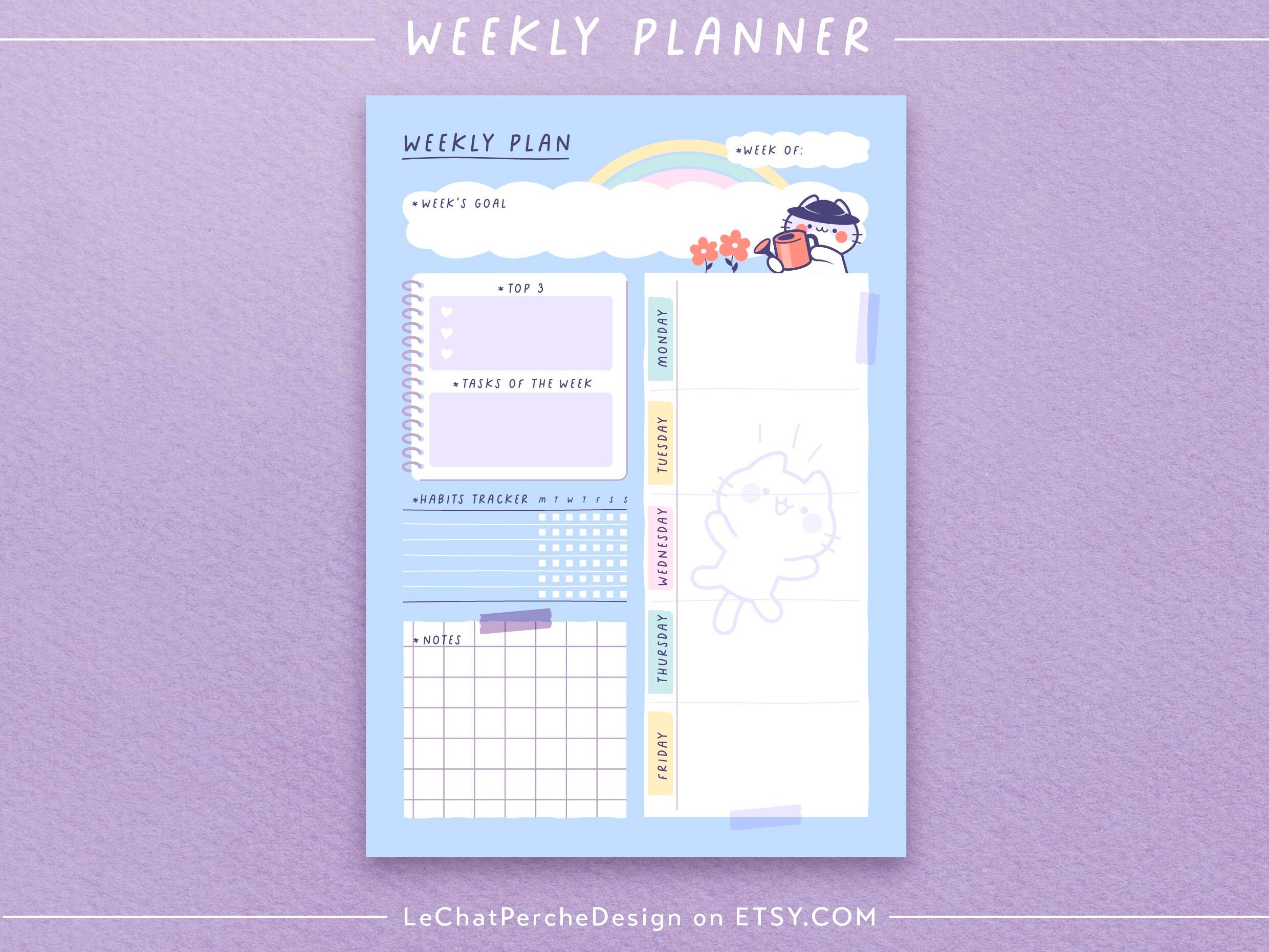 Kawaii Daily, Weekly and Monthly Blue Planner, Digital Timetable, Cute ...