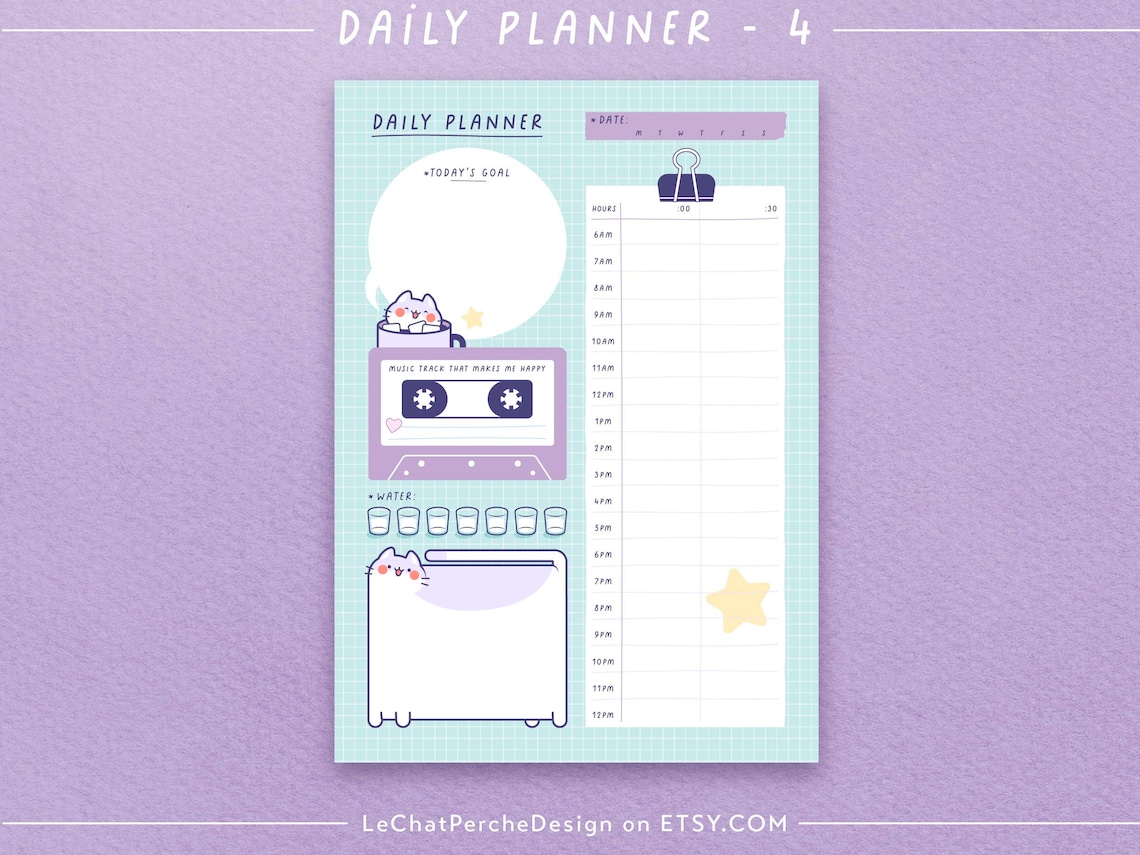 Kawaii Daily Planner Bundle, Digital Timetable, Cute Cat Daily Schedule ...
