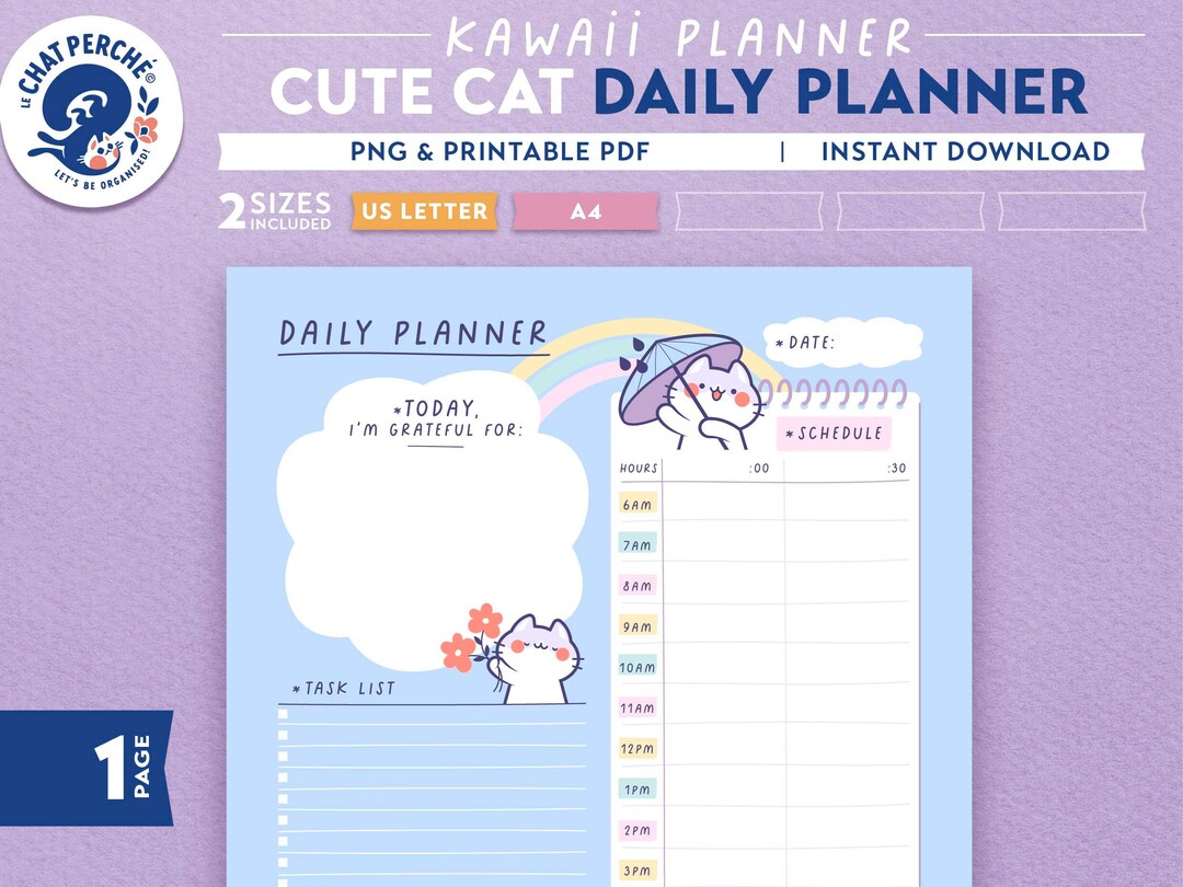 Kawaii Daily Blue Planner Digital Timetable Cute Cat Daily - Etsy