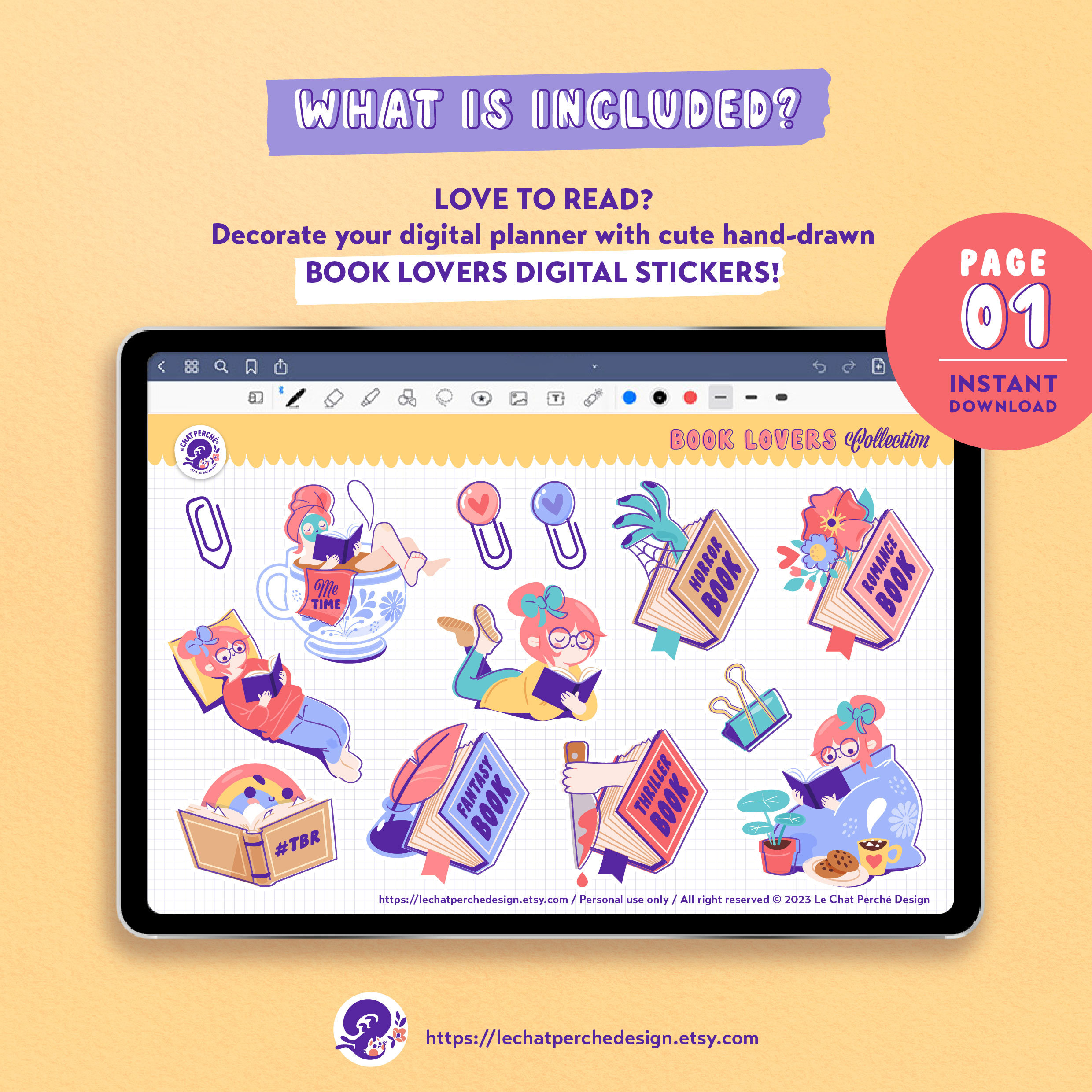 BOOKLOVER Goodnotes Stickers, Kawaii Book Digital Stickers, Precropped ...