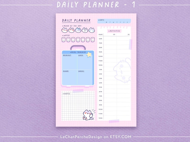 Kawaii Daily Planner Bundle, Digital Timetable, Cute Cat Daily Schedule ...
