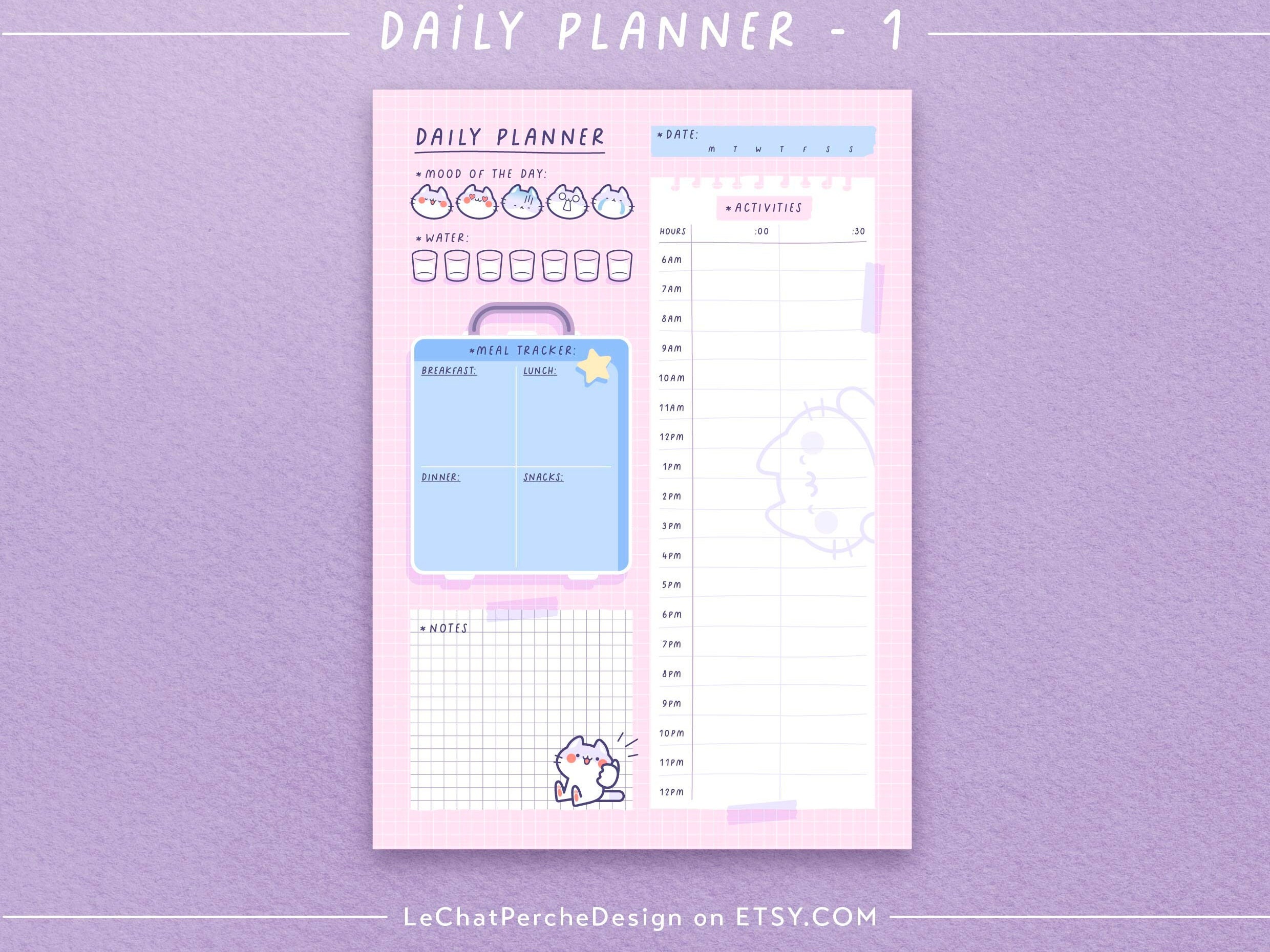 Kawaii Daily Planner Bundle, Digital Timetable, Cute Cat Daily Schedule 