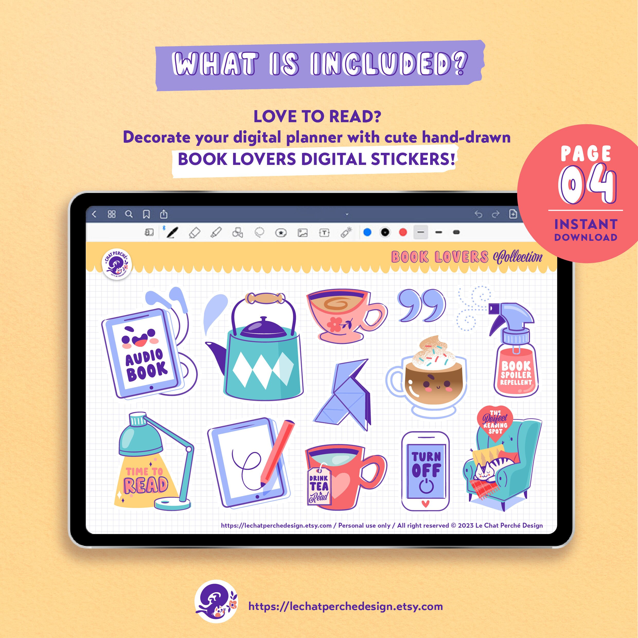 BOOKLOVER Goodnotes Stickers, Kawaii Book Digital Stickers, Precropped ...