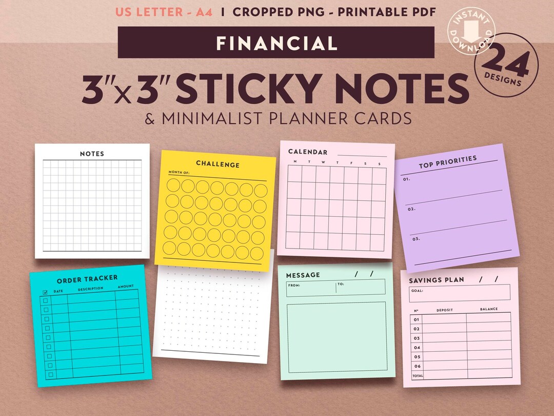 Sticky Notes FINANCIAL Printable, 3 X 3, Minimalist Planner Cards ...