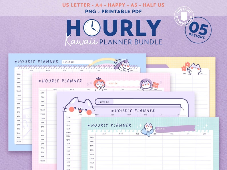 Kawaii Hourly Planner Bundle, Digital Timetable, Cute Cat Daily ...