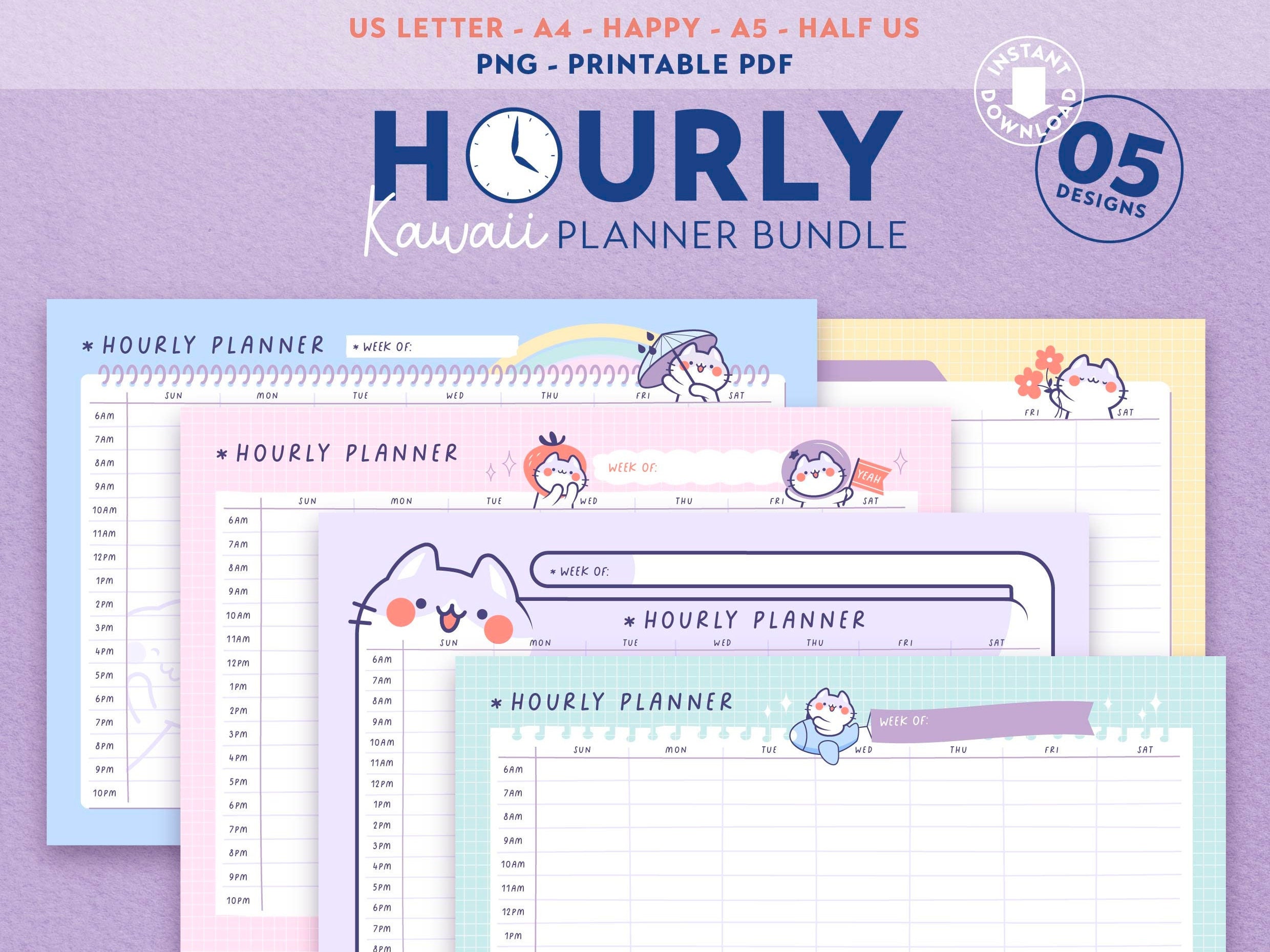 Kawaii Hourly Planner Bundle, Digital Timetable, Cute Cat Daily ...