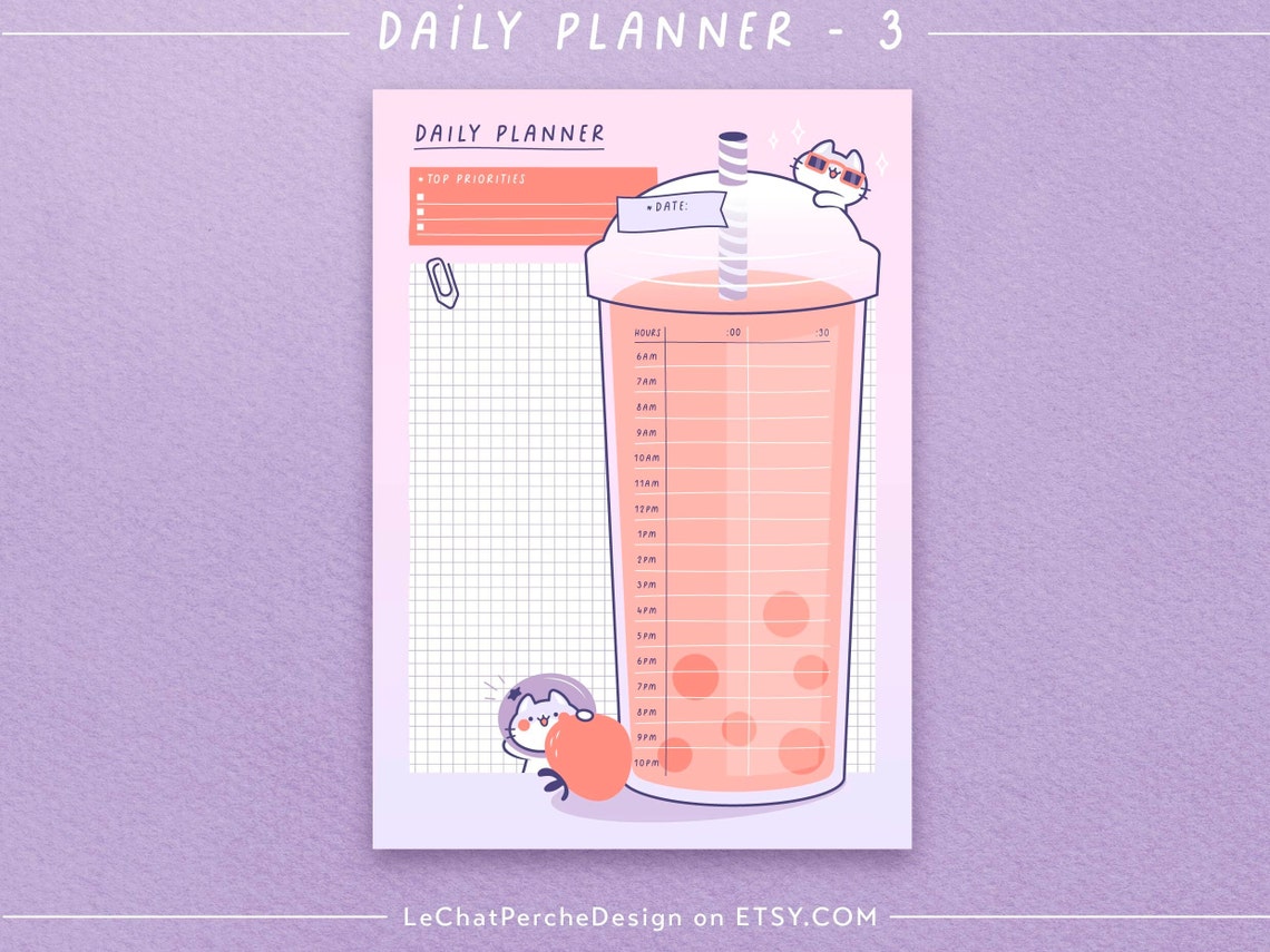 Kawaii Daily Planner Bundle, Digital Timetable, Cute Cat Daily Schedule ...