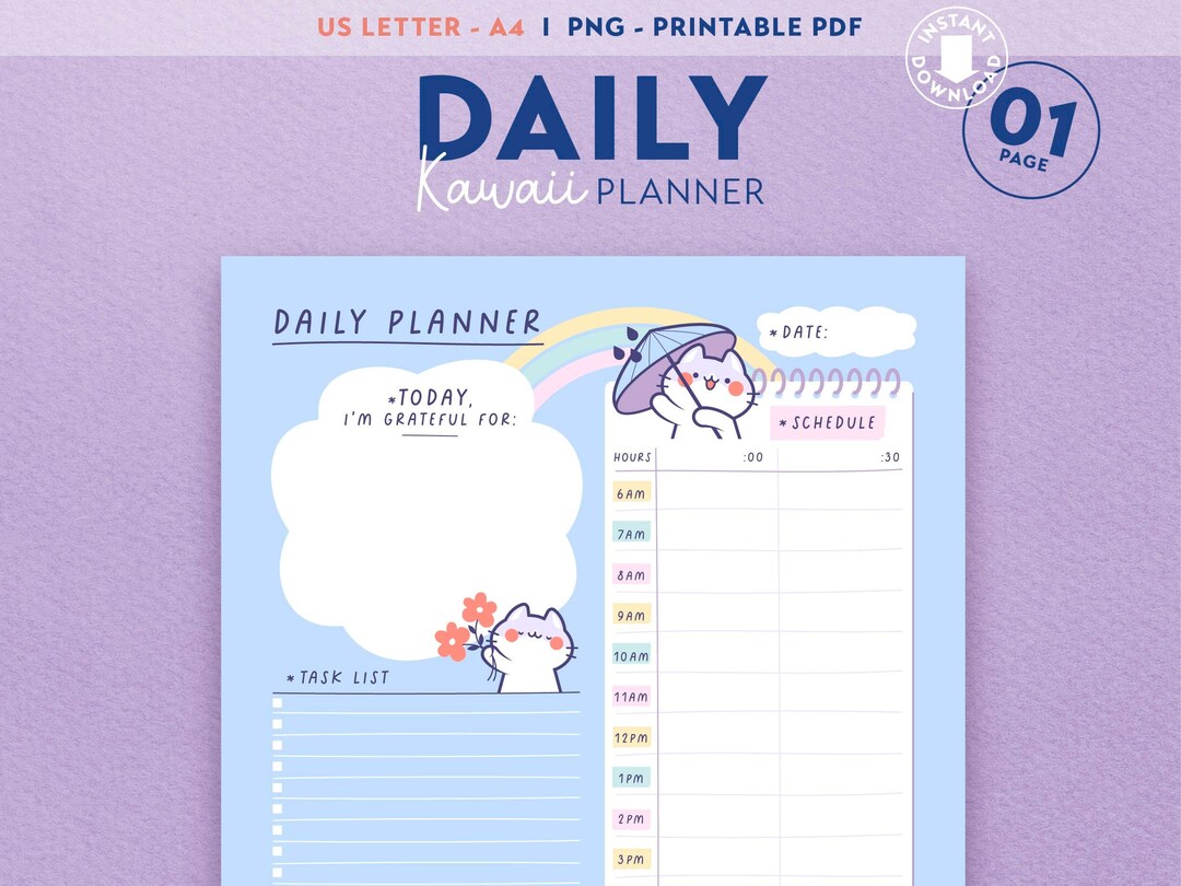 Kawaii Daily Blue Planner, Digital Timetable, Cute Cat Daily Schedule ...