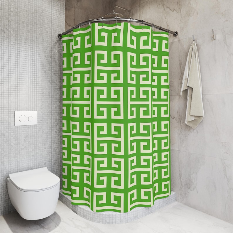 Chic Green Greek Key Shower Curtain, Modern Bath Decor, Stylish ...