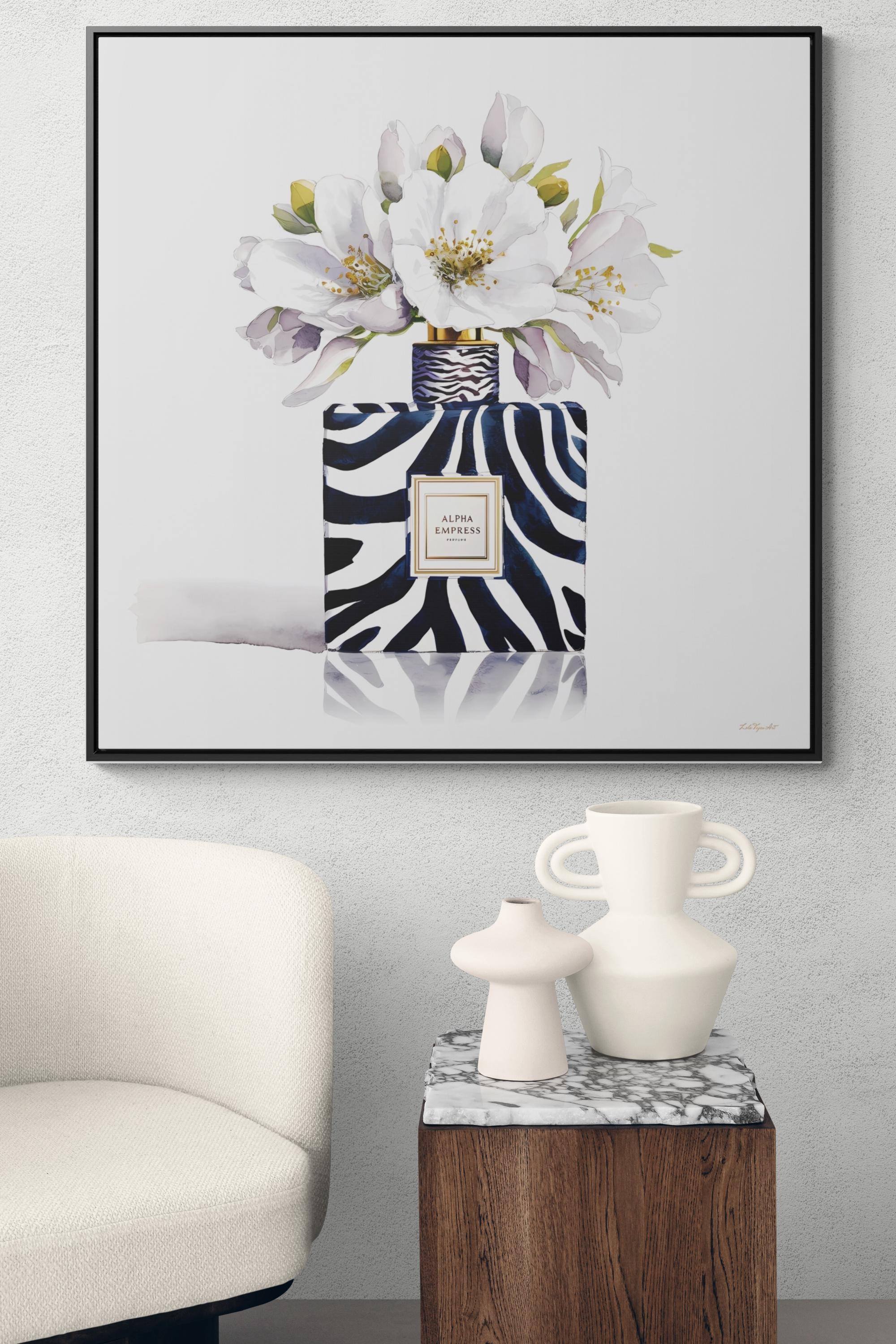Framed Canvas Wall Art - Watercolor Zebra Perfume Bottle 'ALPHA EMPRESS ...