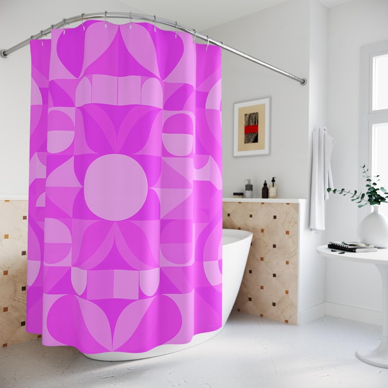 Pink Geometric Retro Pattern Shower Curtain | Mid Century Modern ...