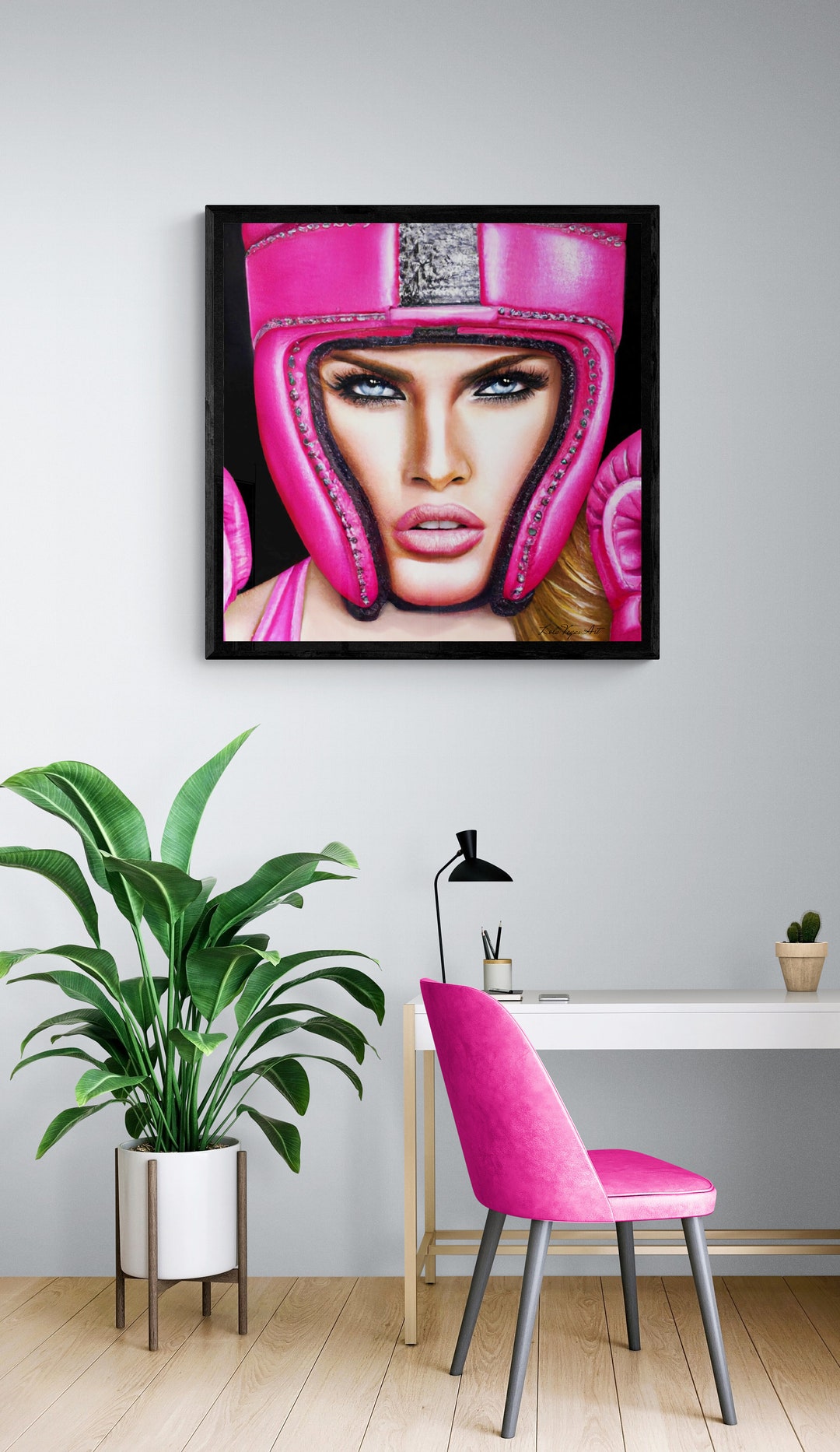 Beautiful Female Boxer in Hot Pink Helmet Framed Canvas Wall Art ...