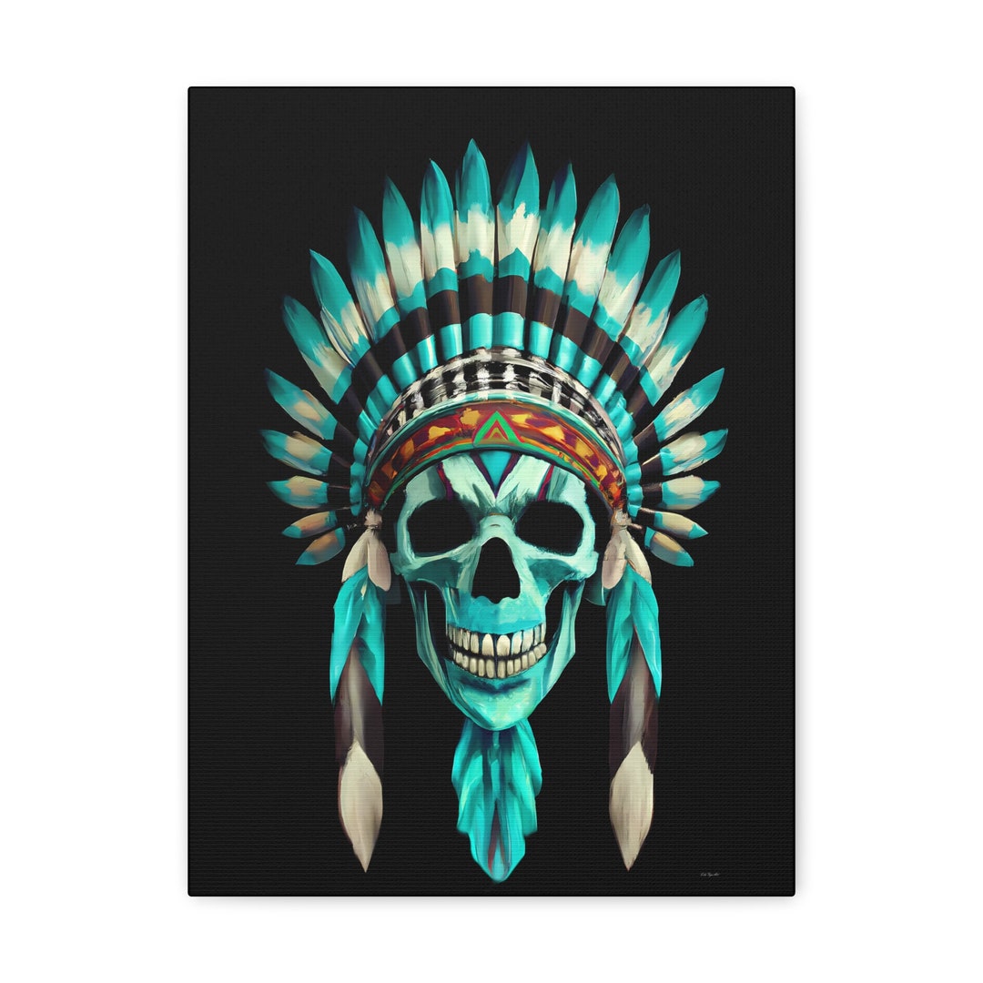 Turquoise Skull Canvas Art: Native American Headdress, Gothic Decor - Etsy