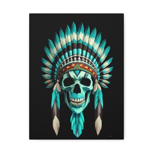 Turquoise Skull Canvas Art: Native American Headdress, Gothic Decor - Etsy