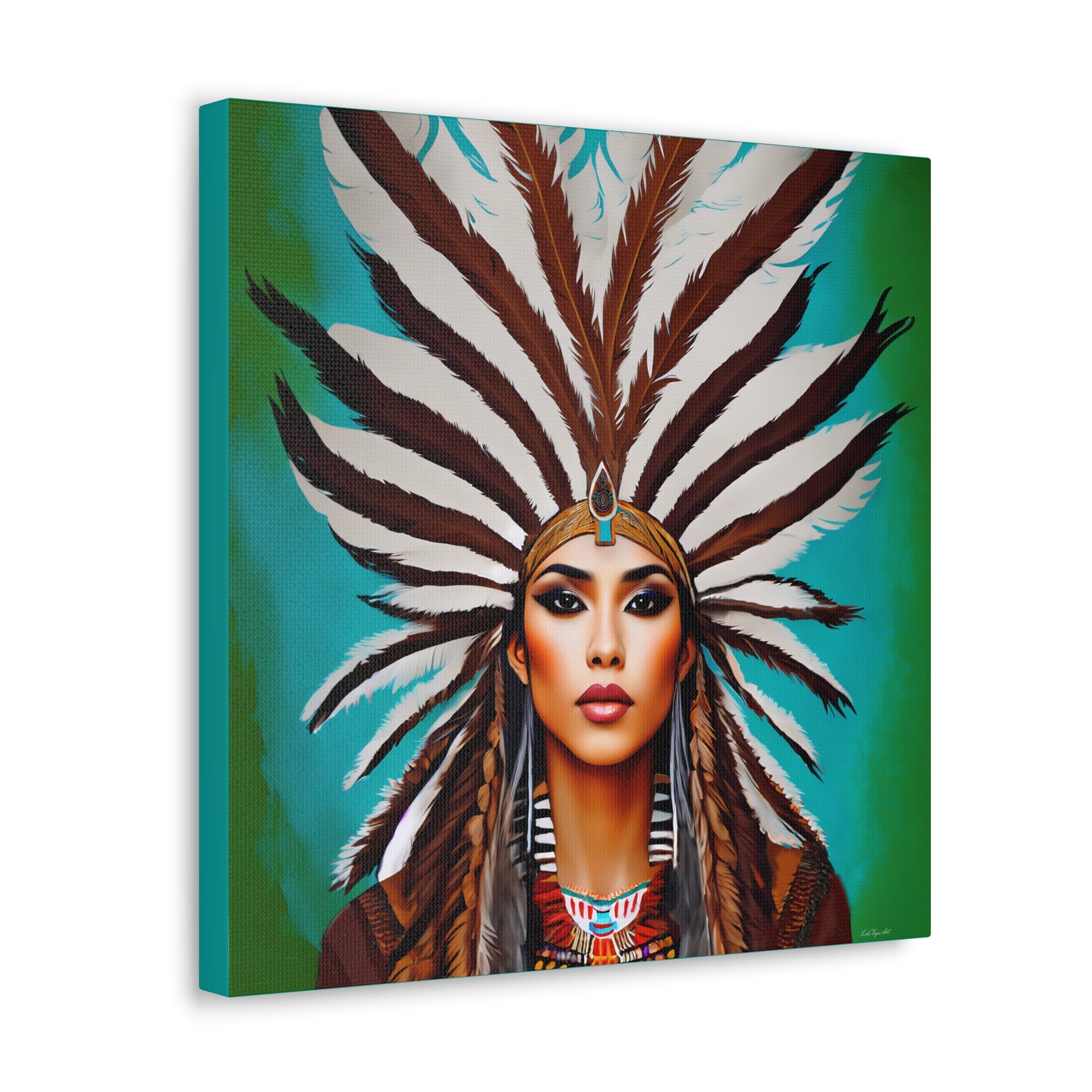 Beautiful Native American Woman in a Feather Headdress Canvas Wall Art ...