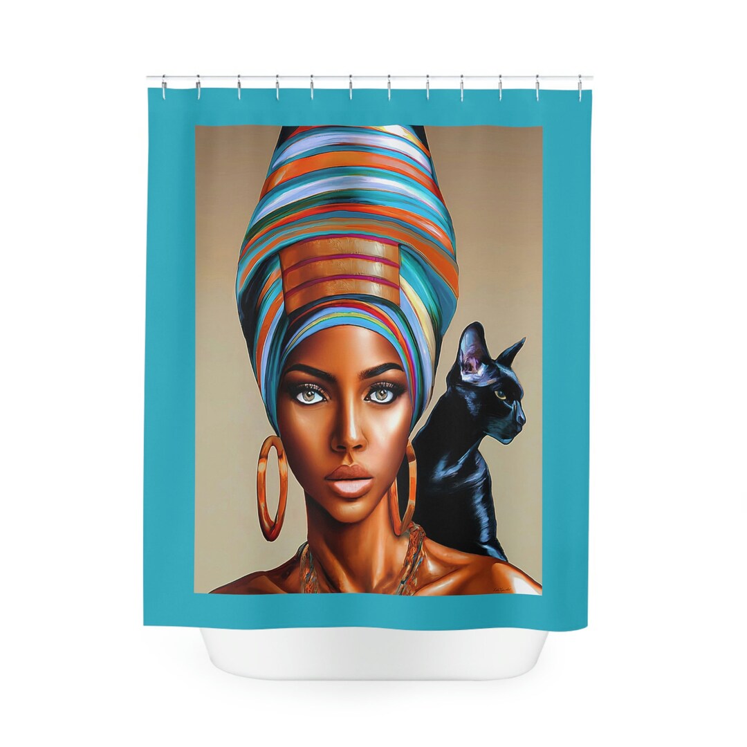 Aisha and Raven Shower Curtain: Black Woman, Black Cat Bathroom Decor ...