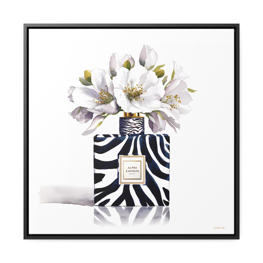 Framed Canvas Wall Art - Watercolor Zebra Perfume Bottle 'ALPHA EMPRESS ...