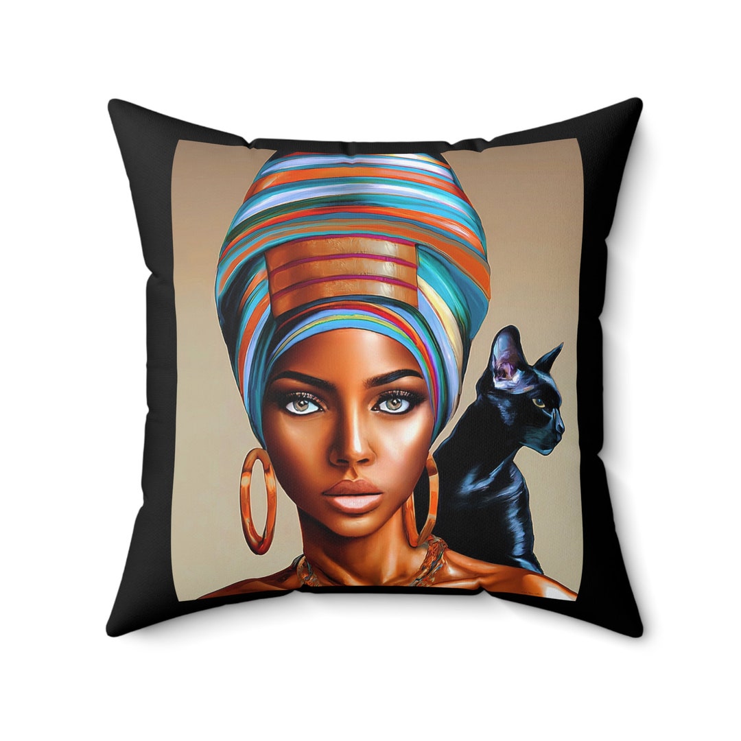 Aisha and Raven Pillow: Black Woman & Cat Art - Double Sided Print - Etsy