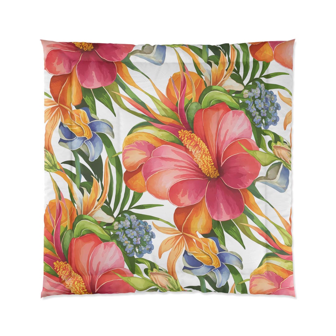 Vibrant Floral Comforter: Tropical Microfiber Bedding, Summer Home ...