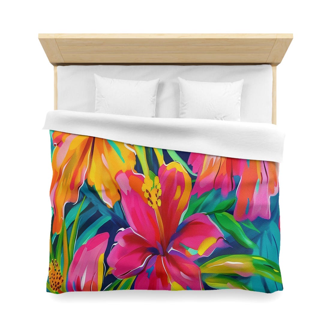 Tropical Floral Microfiber Duvet Cover: Vibrant Pink & Green Bedding - Etsy