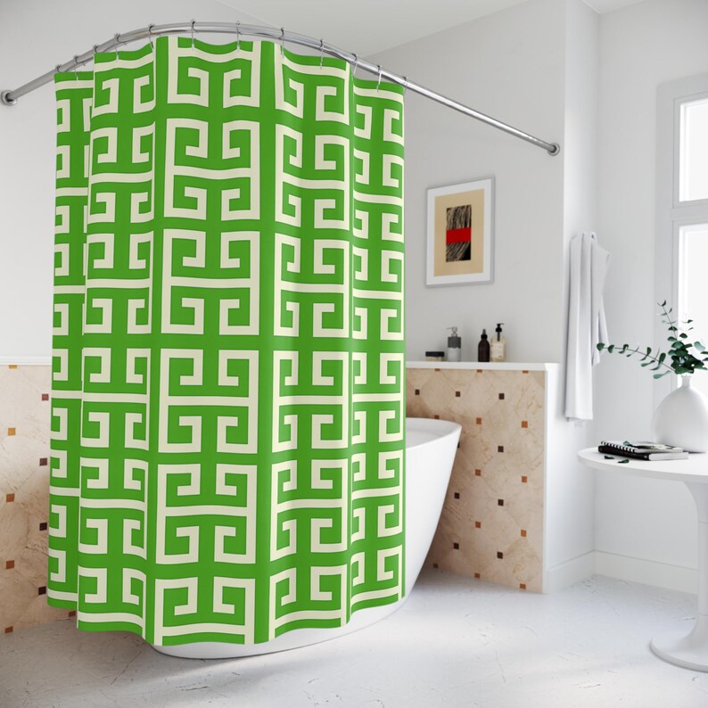 Chic Green Greek Key Shower Curtain, Modern Bath Decor, Stylish ...