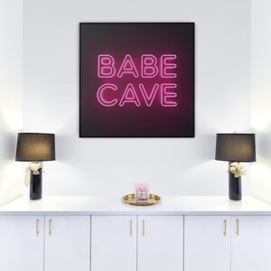Canvas Wall Art Babe Cave, Feminine Pink Neon Typography Square Framed Decor, Square Frame Wall ...