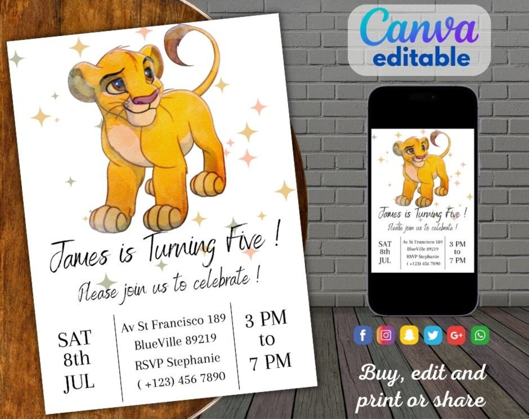 Simba Birthday Invitation, Baby Simba Editable Invitation, Simba ...