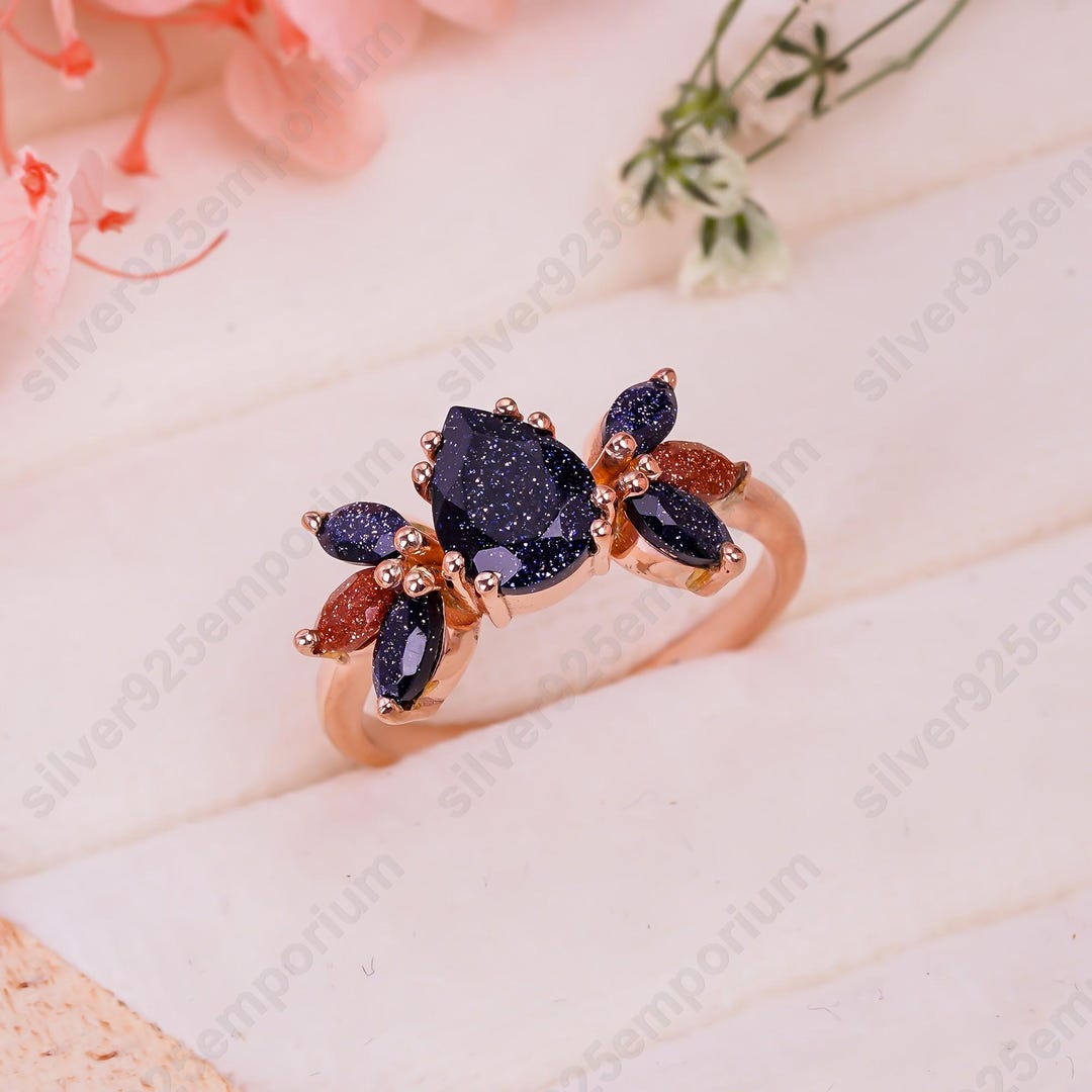 14K Solid Gold Blue Sand Stone Pear Cut Ring, Top Grade Sand Stone Ring ...