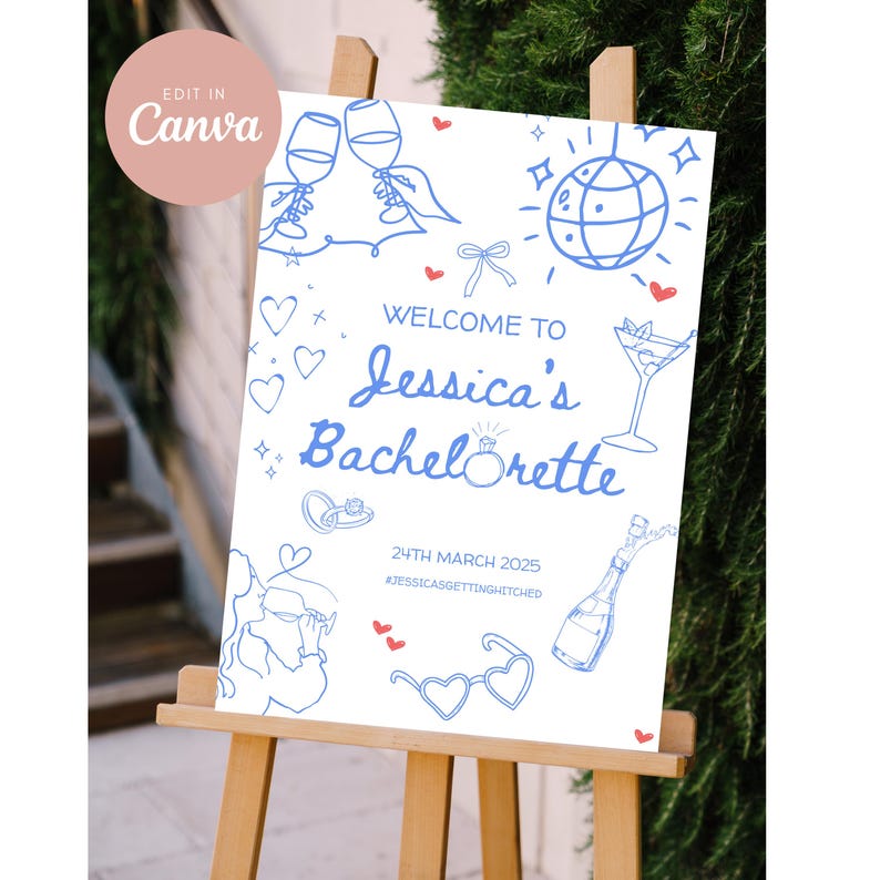 Blue Whimsical Bachelorette Welcome Sign, Editable Template (digital ...
