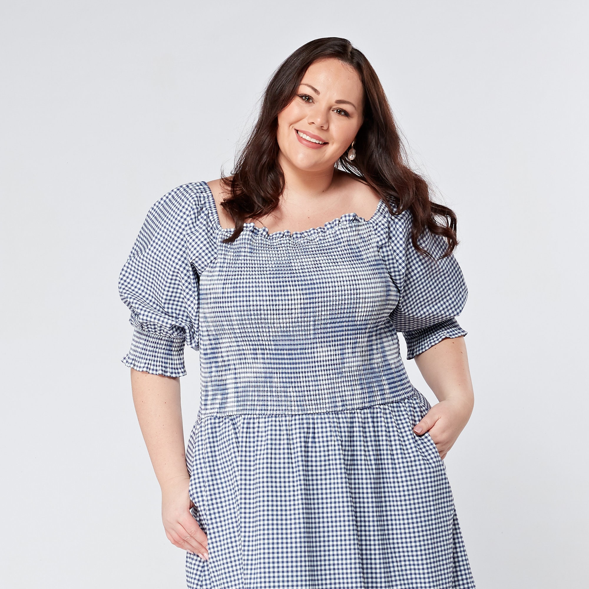 Plus Size Curvy Blue Gingham Check Shirred Midi Cottagecore Dress With ...