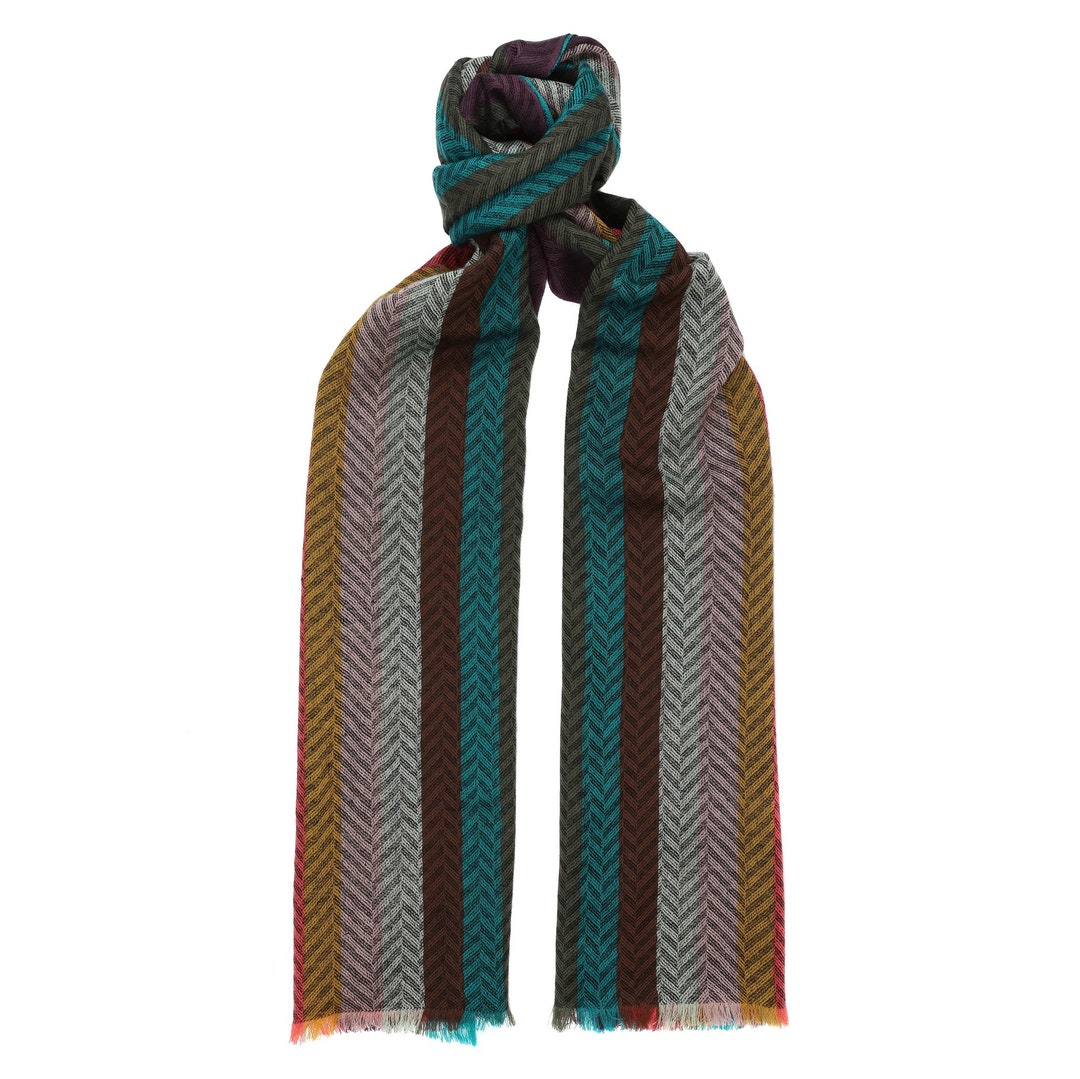 100% Lambswool Multicoloured Herringbone Striped Long Scarf BNWT 54cm X ...